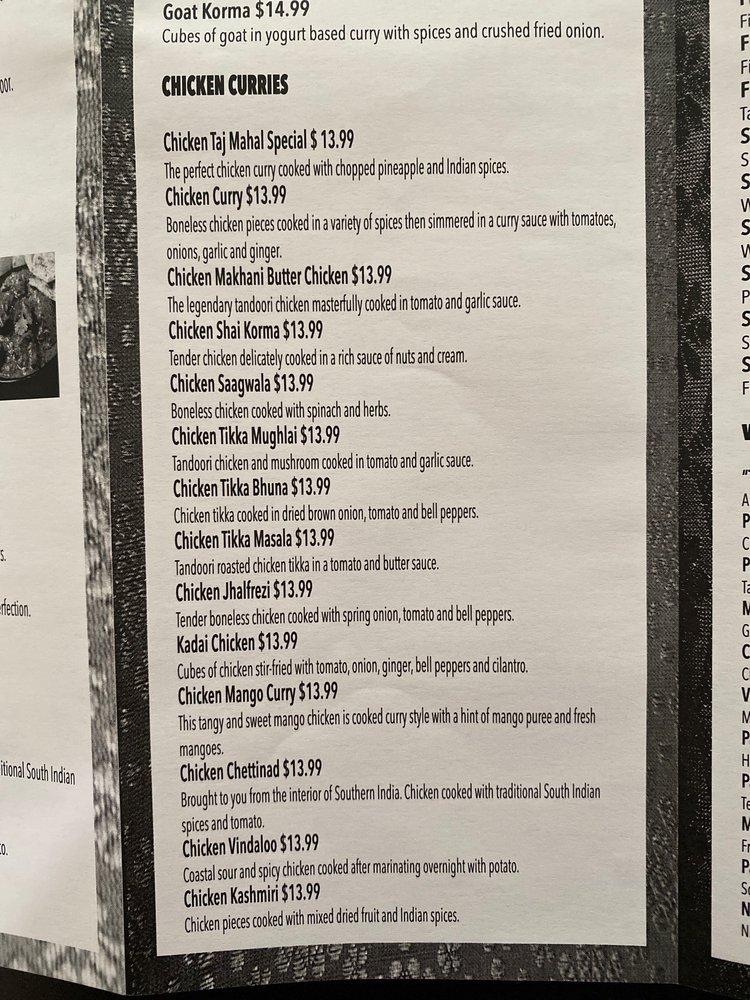 Menu at Taj Mahal Grill restaurant, Kennesaw