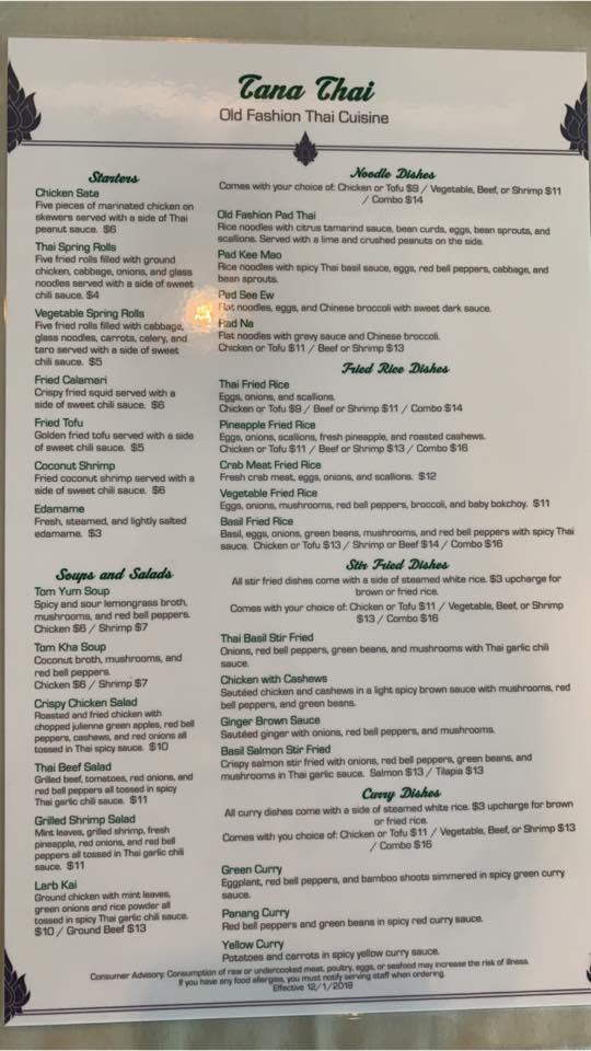 Menu at Tana Thai restaurant, Midwest City, S Air Depot Blvd