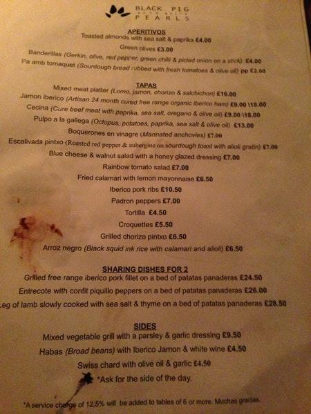 Menu at The Black Pig with White Pearls pub & bar, London