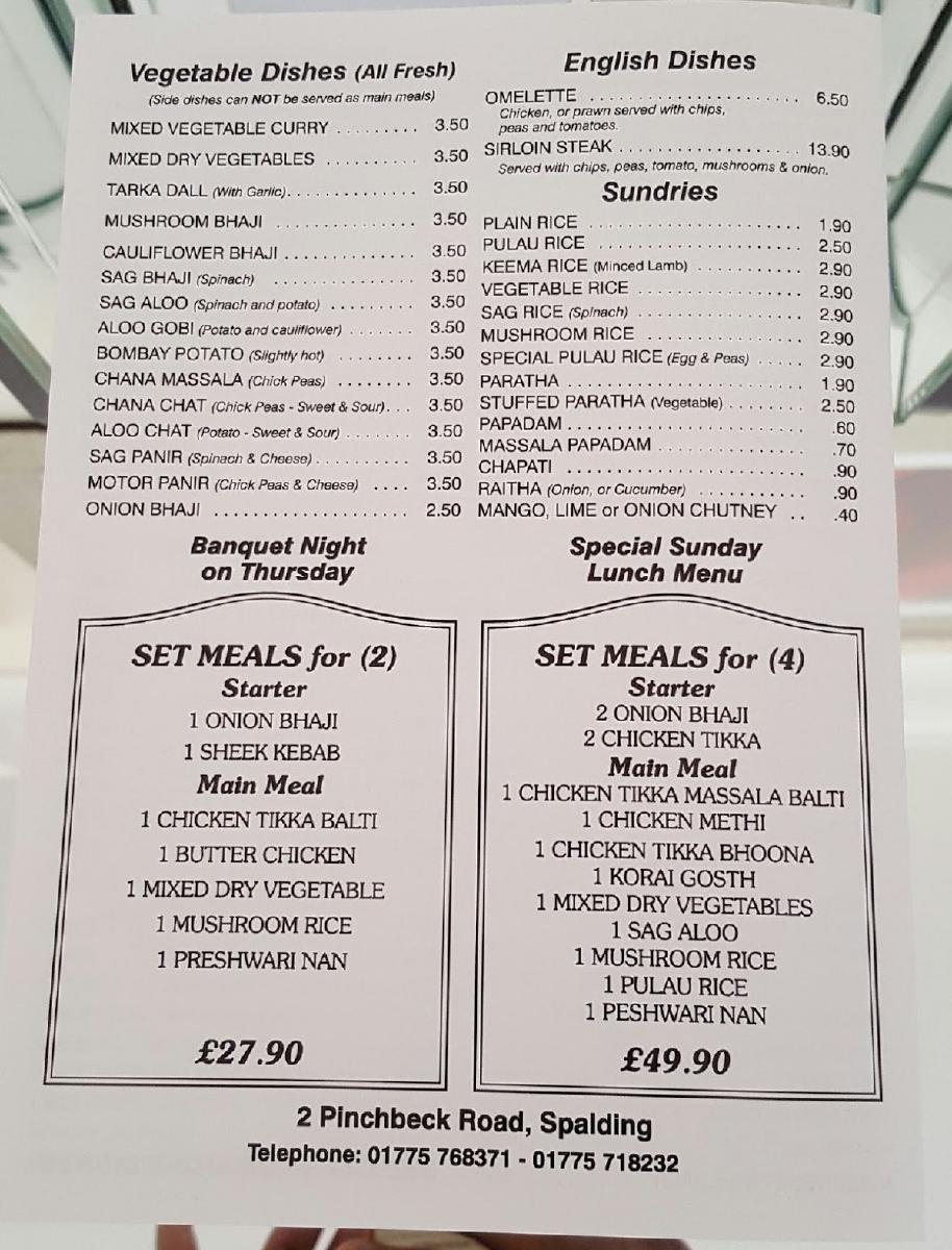 Menu at Tulip Tandoori Restaurant, Spalding