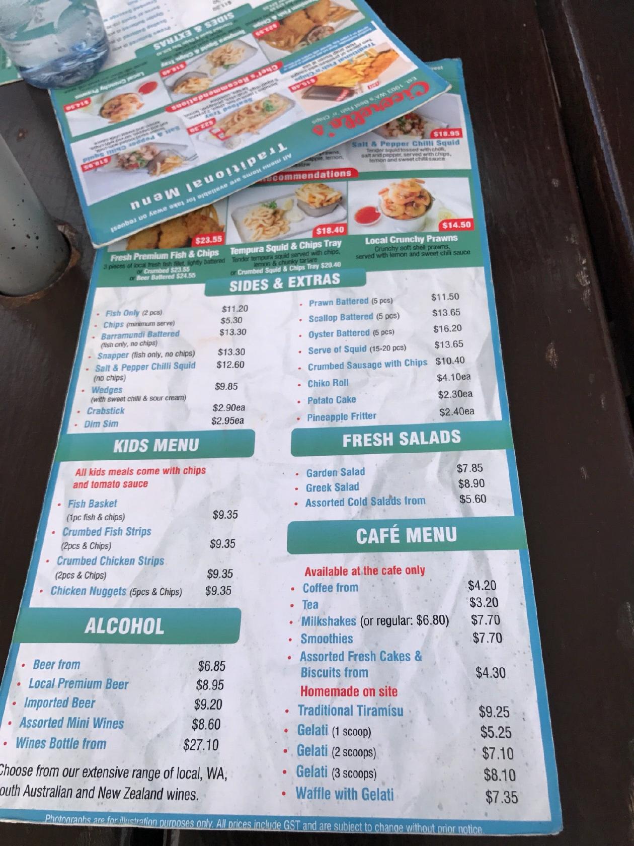 Menu at Cicerello's Fremantle restaurant, Fremantle