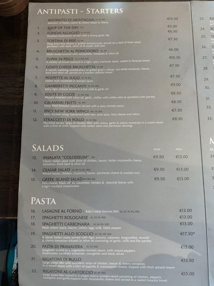 Menu at Il Colosseo restaurant, Athlone