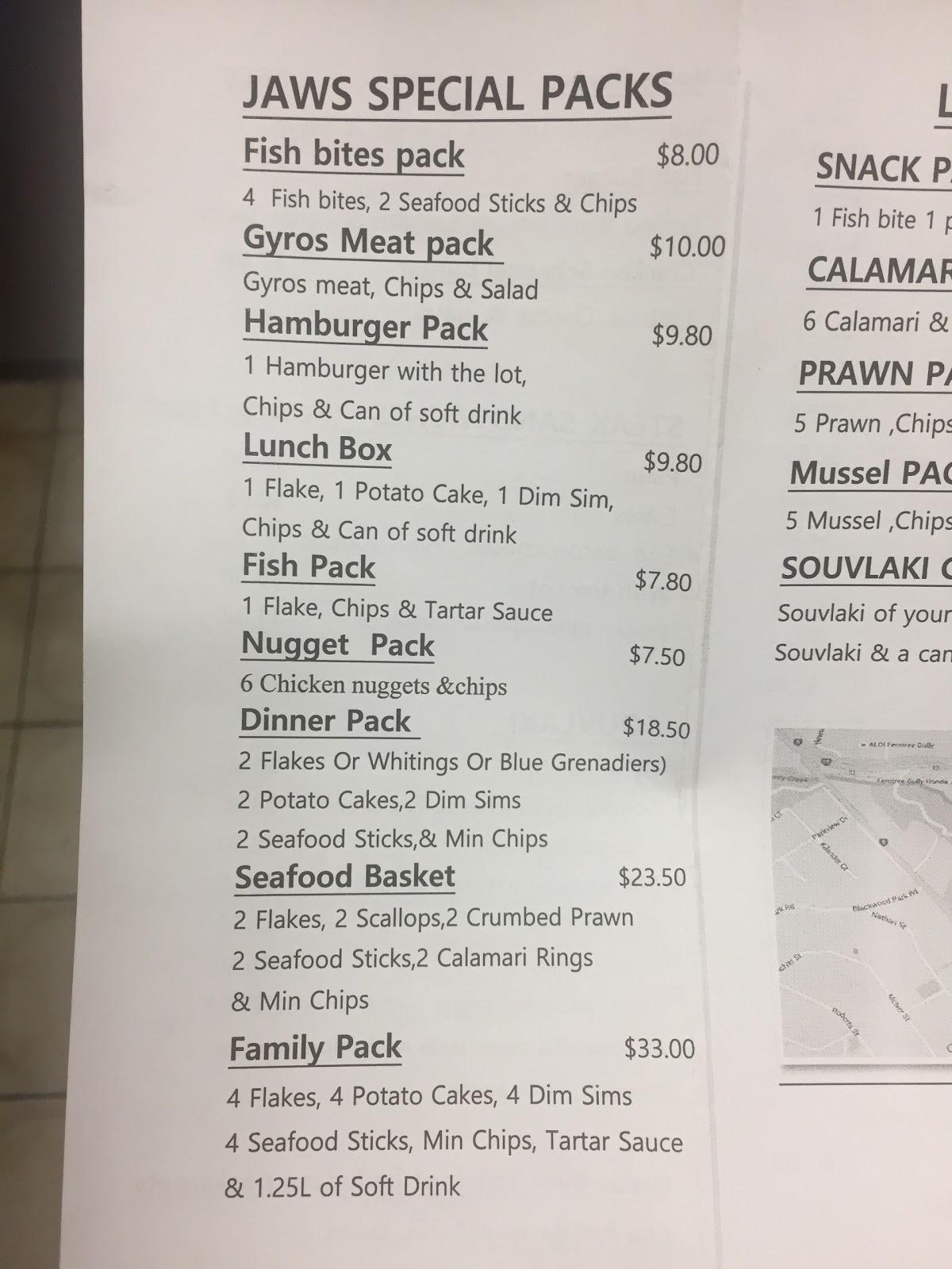 Menu at Jaws Fish & Chips fast food, Ferntree Gully, 2/79 Glenfern Rd