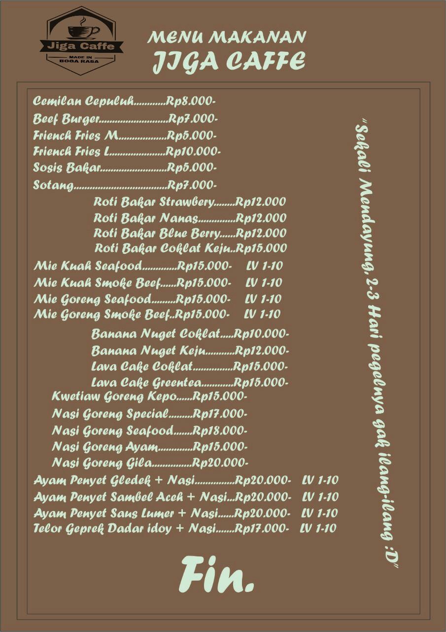 Menu at Jiga Caffe cafe, Jasinga