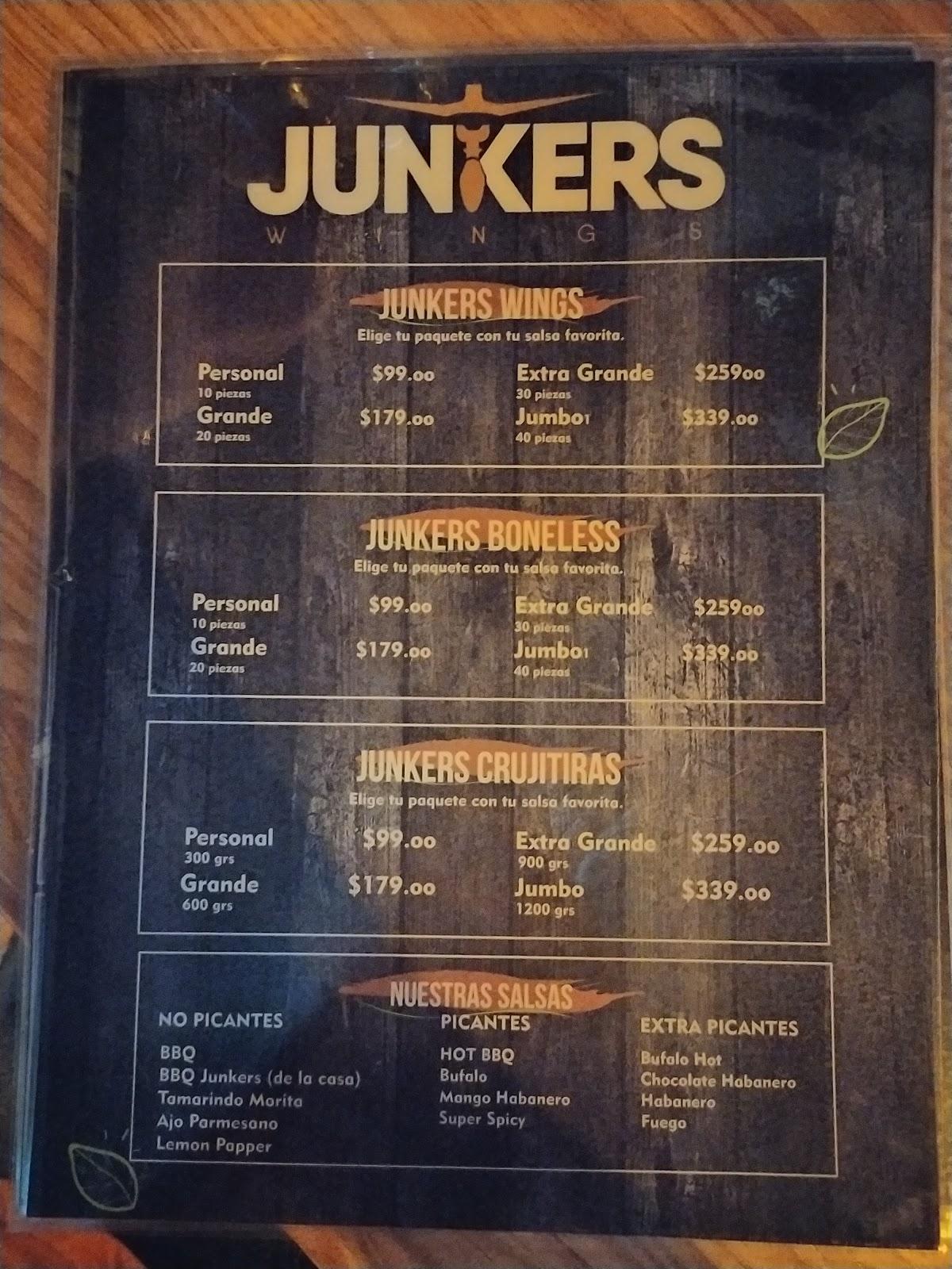 Carta del pub y bar Junkers Wings, Morelia