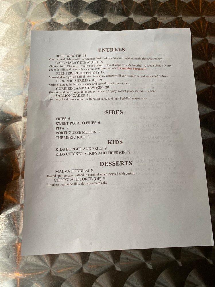 Menu at Karoo Restaurant, Eastham
