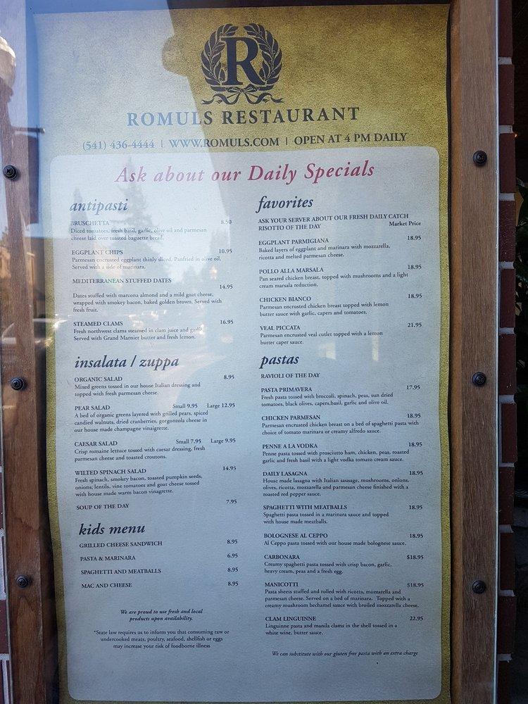 Menu at Romuls restaurant, Hood River