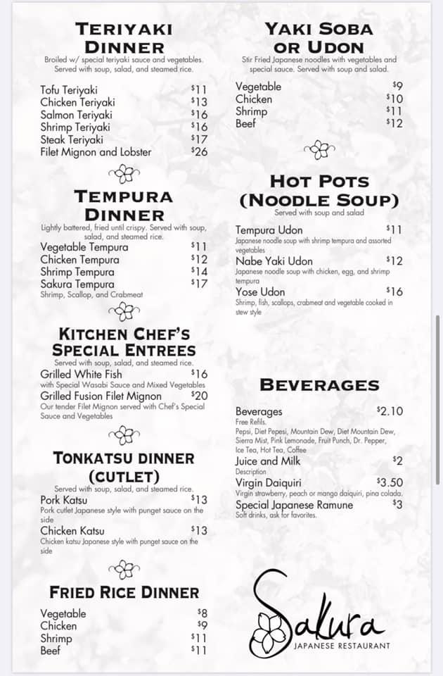 Menu at Sakura Hibachi restaurant, Wheelersburg