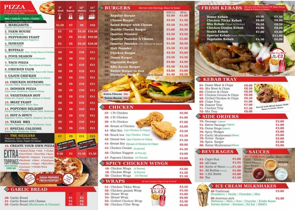 Menu at Sizzlers restaurant, Cavan
