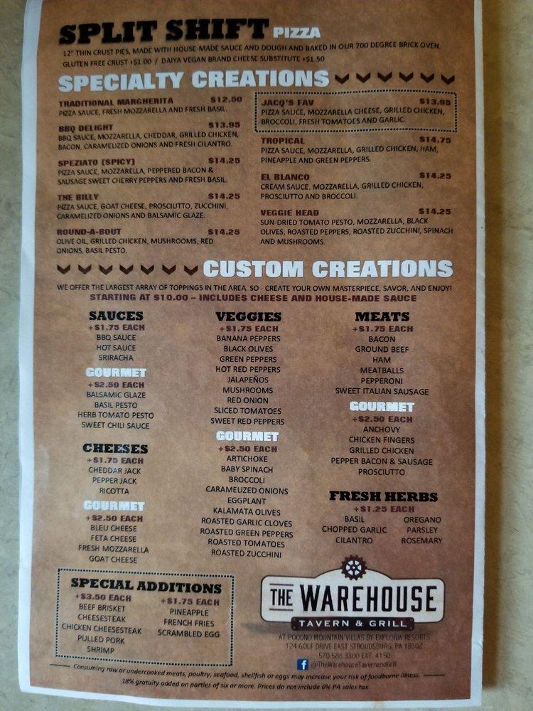 Menu at The Warehouse Tavern & Grill pub & bar, USA