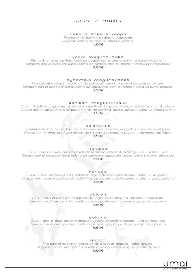 Menu at UMAI restaurant, Girona