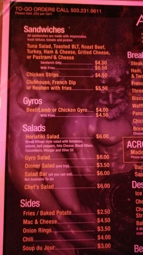 Menu at Acropolis Steakhouse, Portland