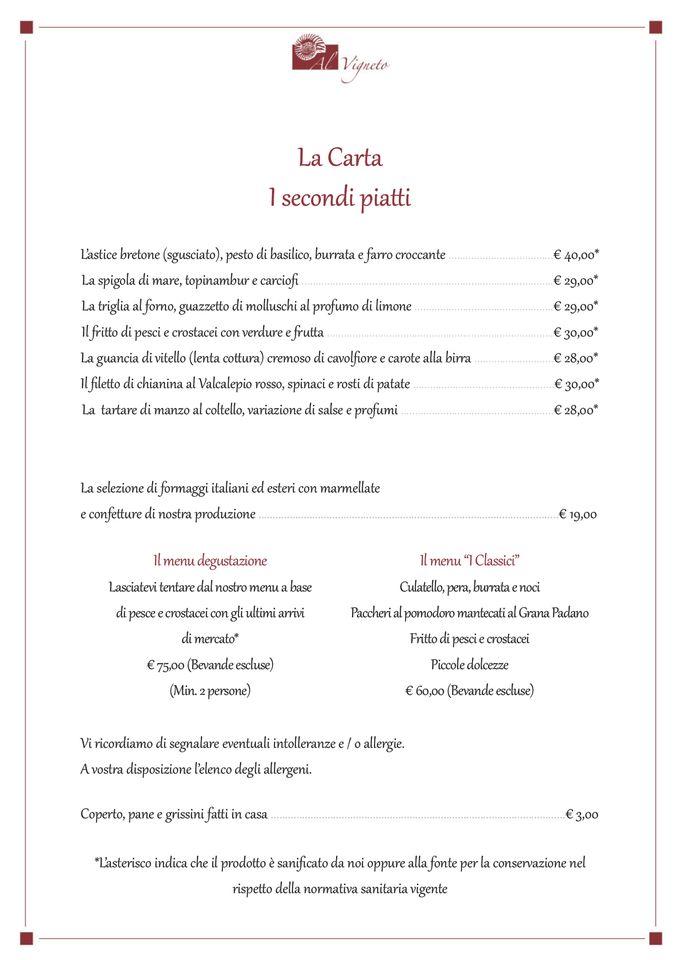 Menu da Al Vigneto ristorante, Grumello del Monte