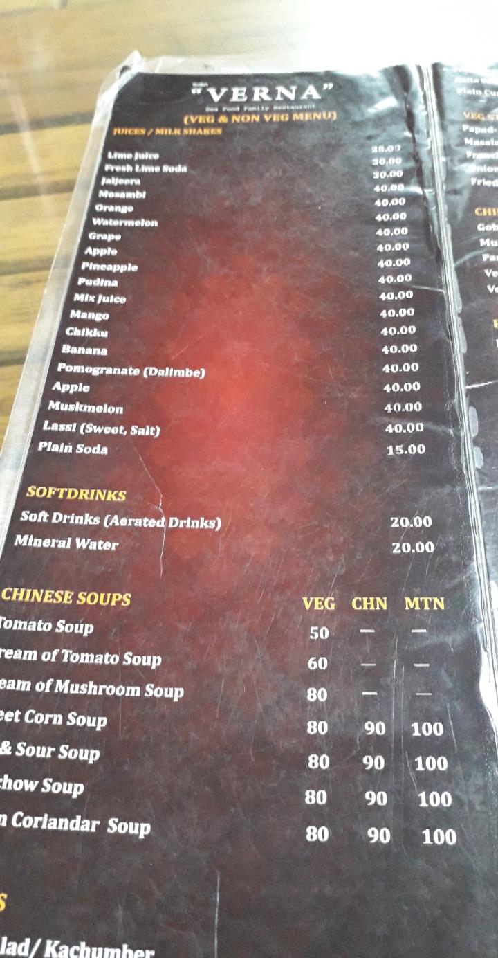 Menu at Hotel Verna Sea Food Family Restaurant, Mangaluru