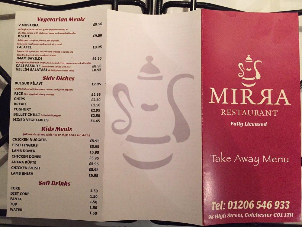 Menu at Mirra restaurant, Colchester