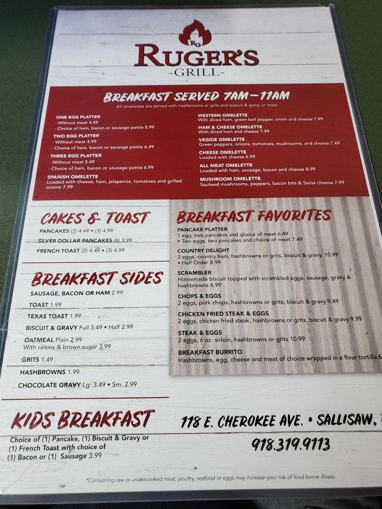 Menu at Ruger's Grill steakhouse, Sallisaw
