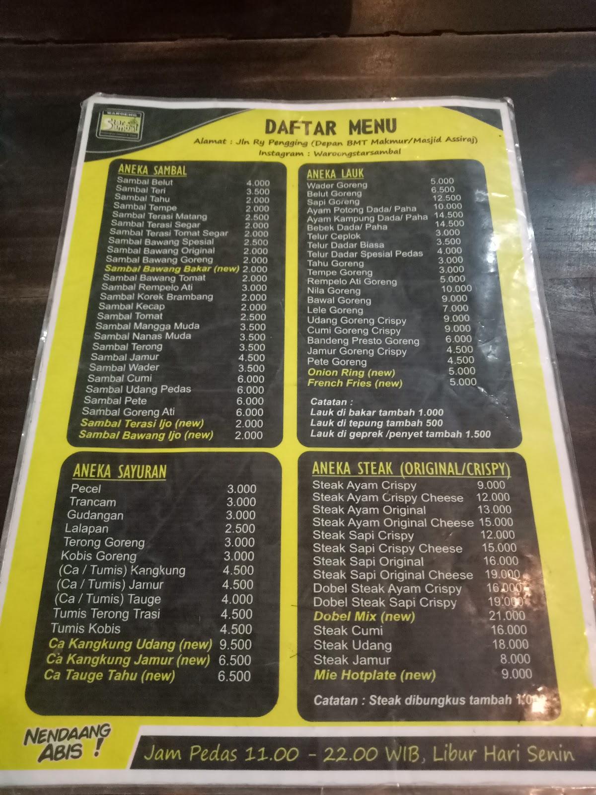 Menu at STAR Sambal (Nendaaang Abis Bro) restaurant, Ngaru Aru
