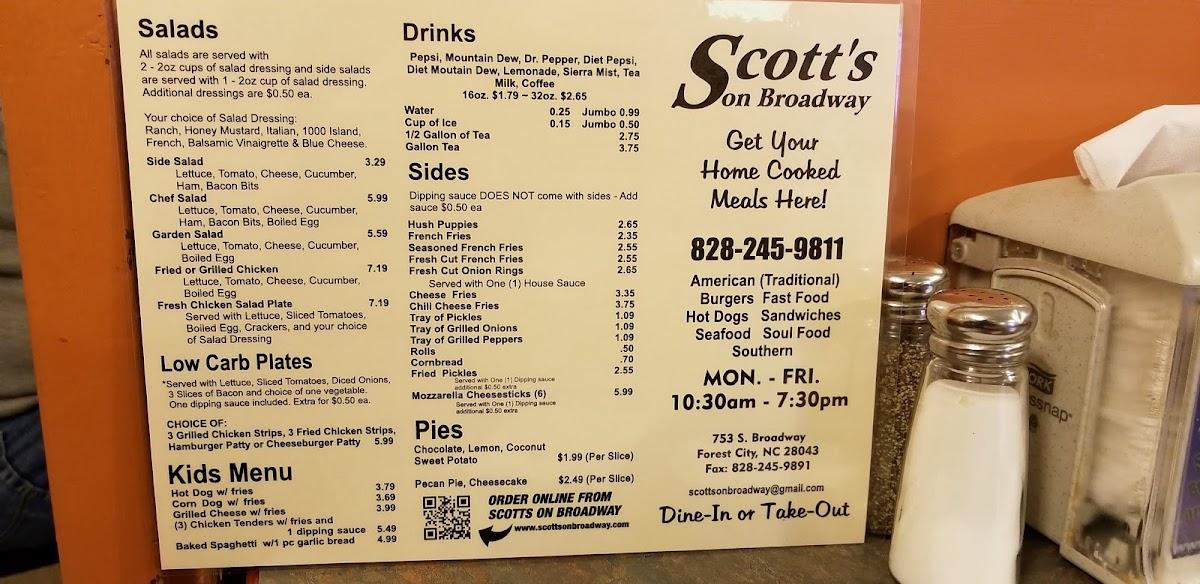 Menu at Scott's On Broadway restaurant, Forest City