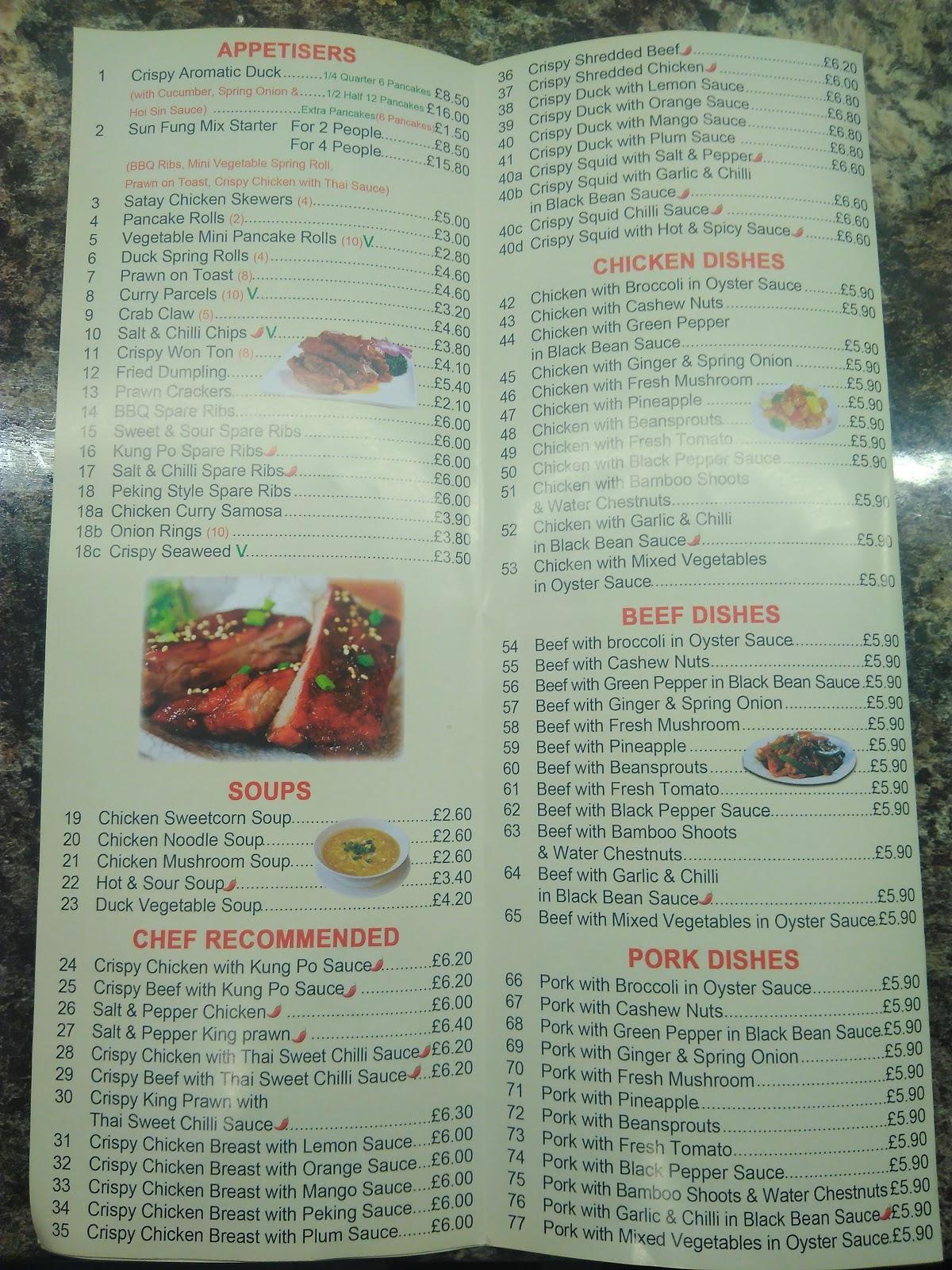 Menu at Sun Fung House fast food, Callington