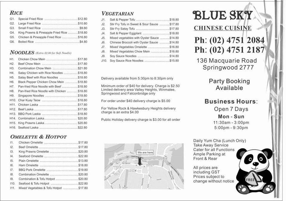 Menu at Blue Sky Chinese Cuisine restaurant, Springwood