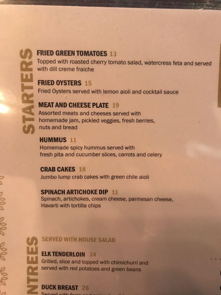 Menu at Park Tavern restaurant, El Paso