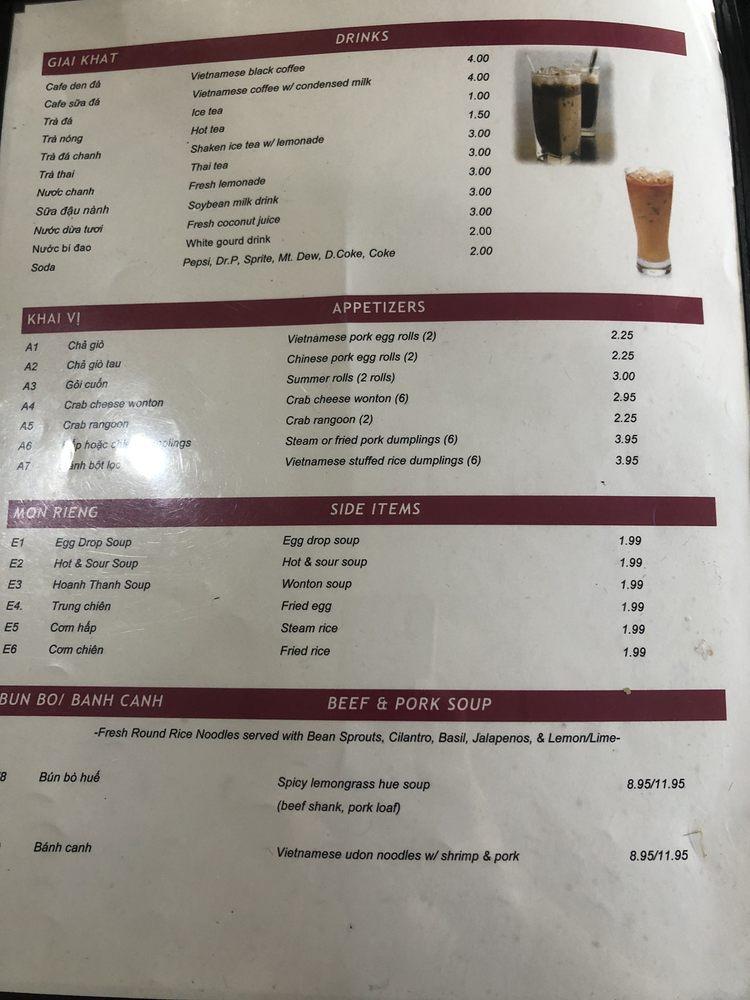 Menu at Pho Da Cao restaurant, Tulsa