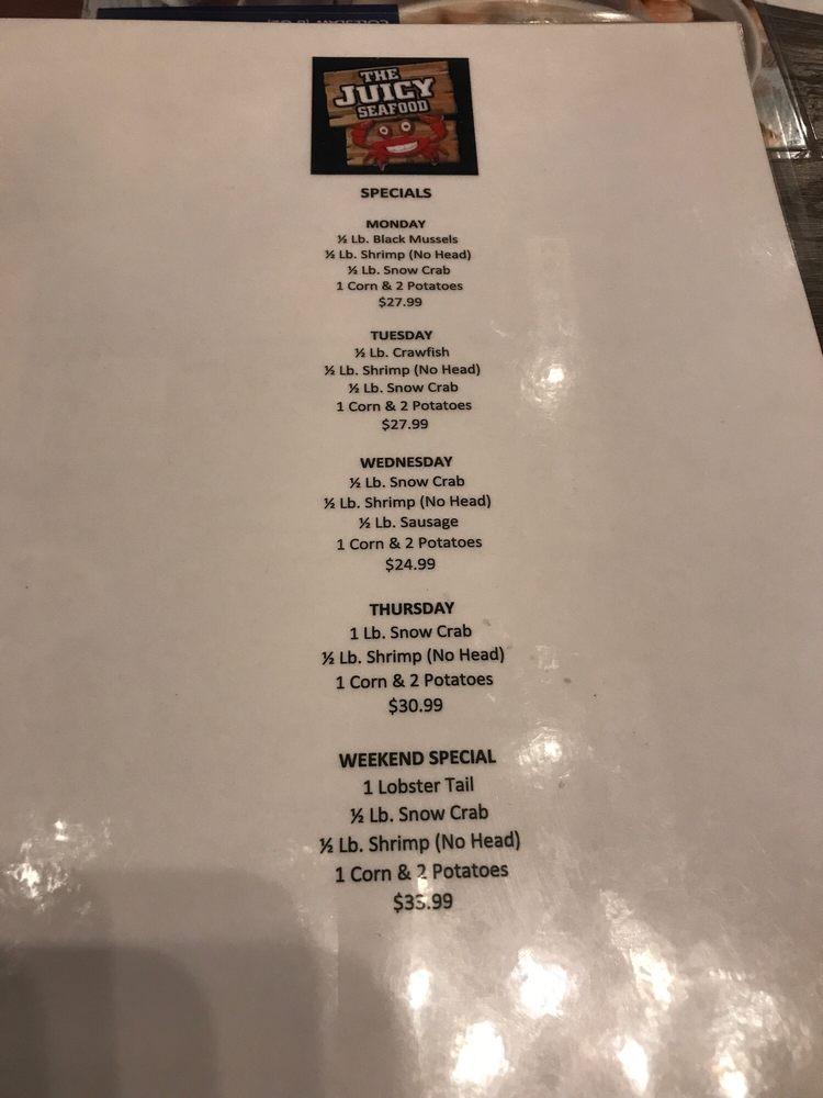 Menu at The Juicy Seafood restaurant, Aurora