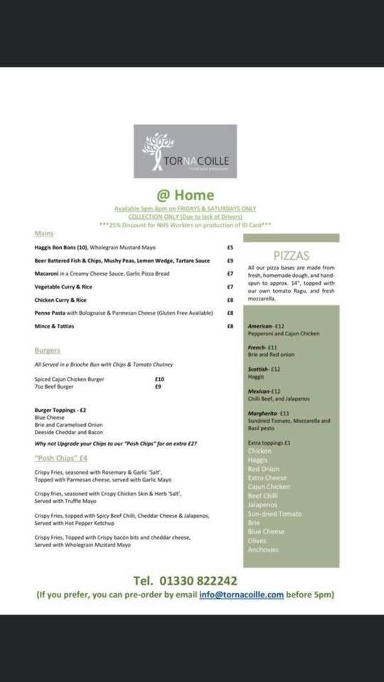 Menu at Tor-Na-Coille Hotel restaurant, Banchory