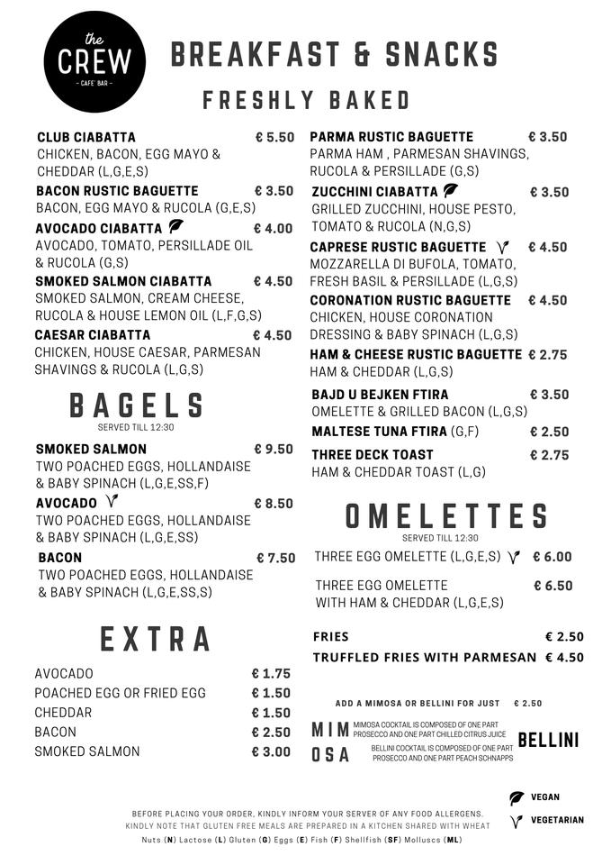 Menu at the Crew Cafè Bar, Gzira