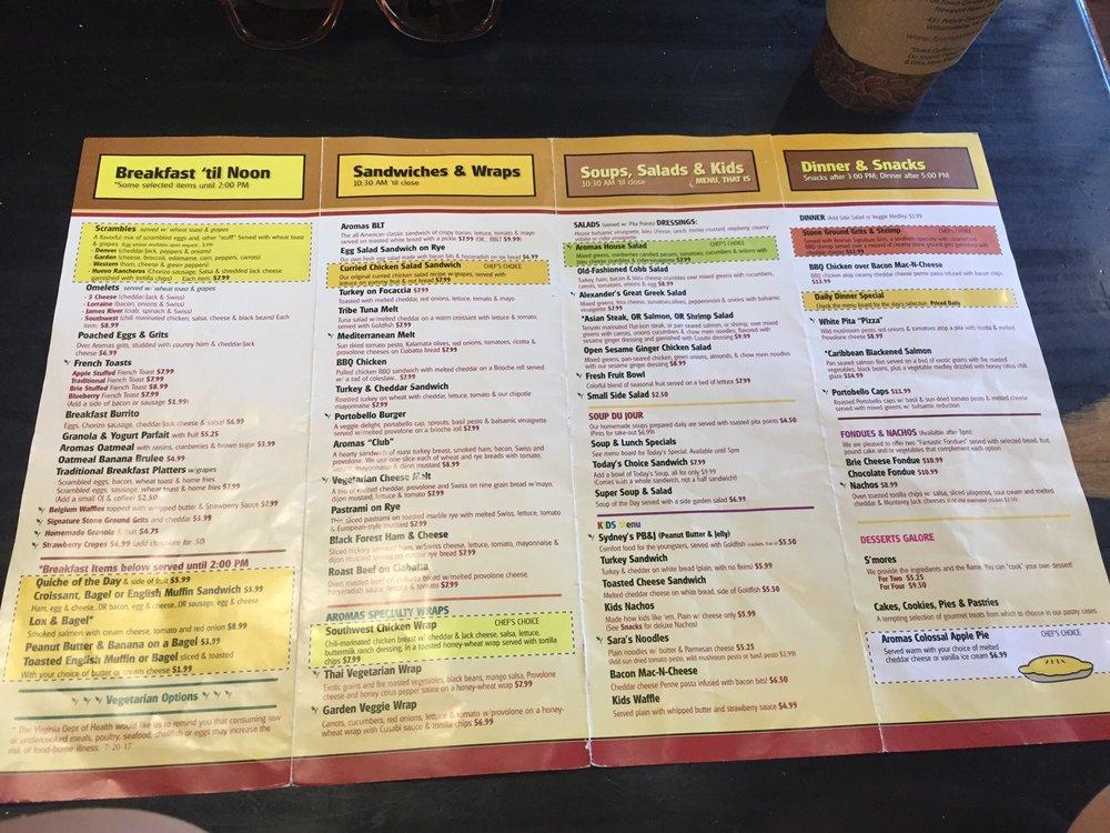 Menu at Aromas Coffeehouse Bakery & Cafe, Williamsburg
