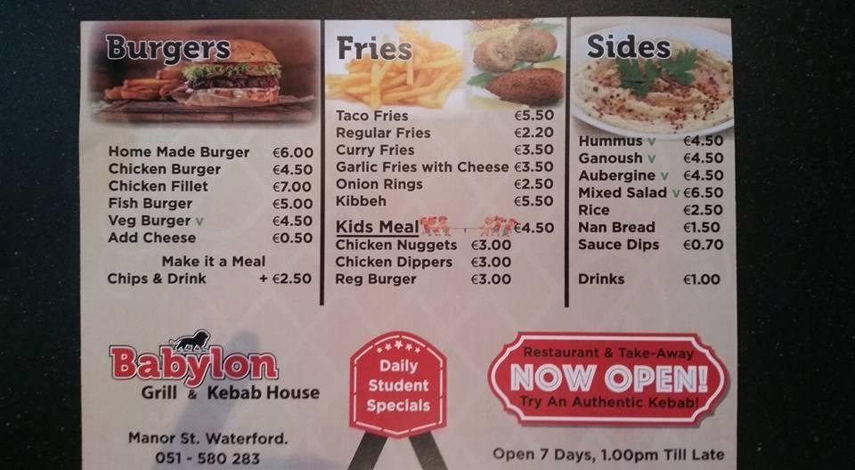 Carta del restaurante Babylon Grill & Kebab, Waterford