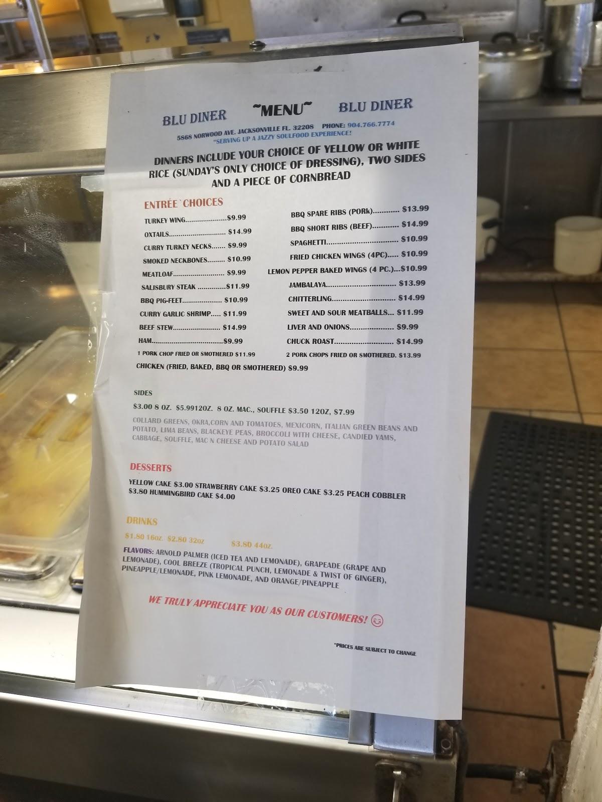 Menu at Blu Diner restaurant, Jacksonville, Norwood Ave