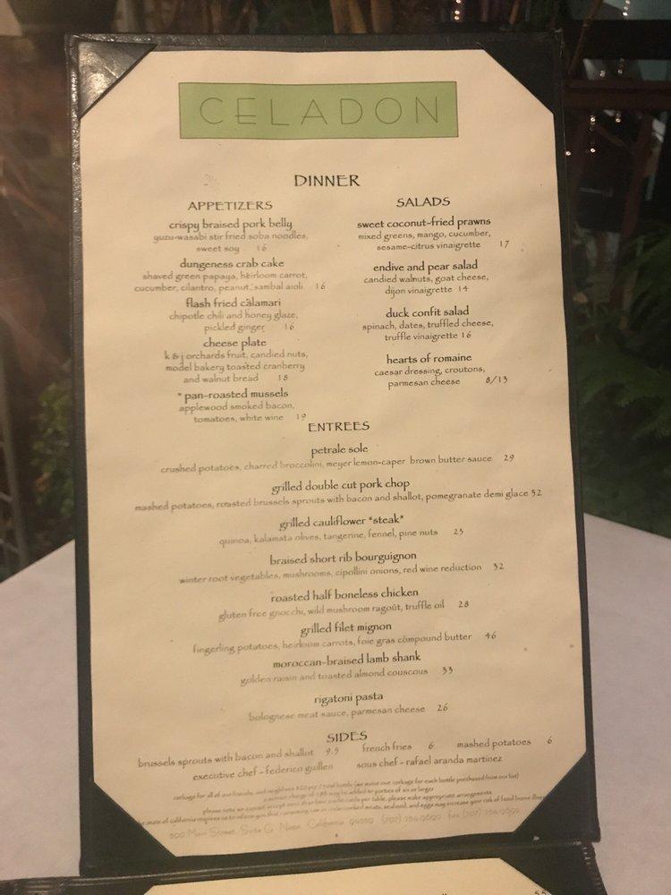Menu at Celadon restaurant, Napa