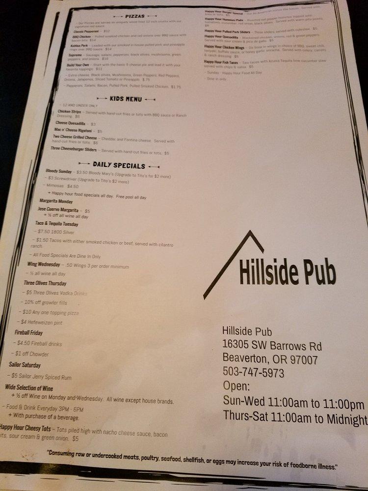 Menu at The Hillside Pub, Beaverton