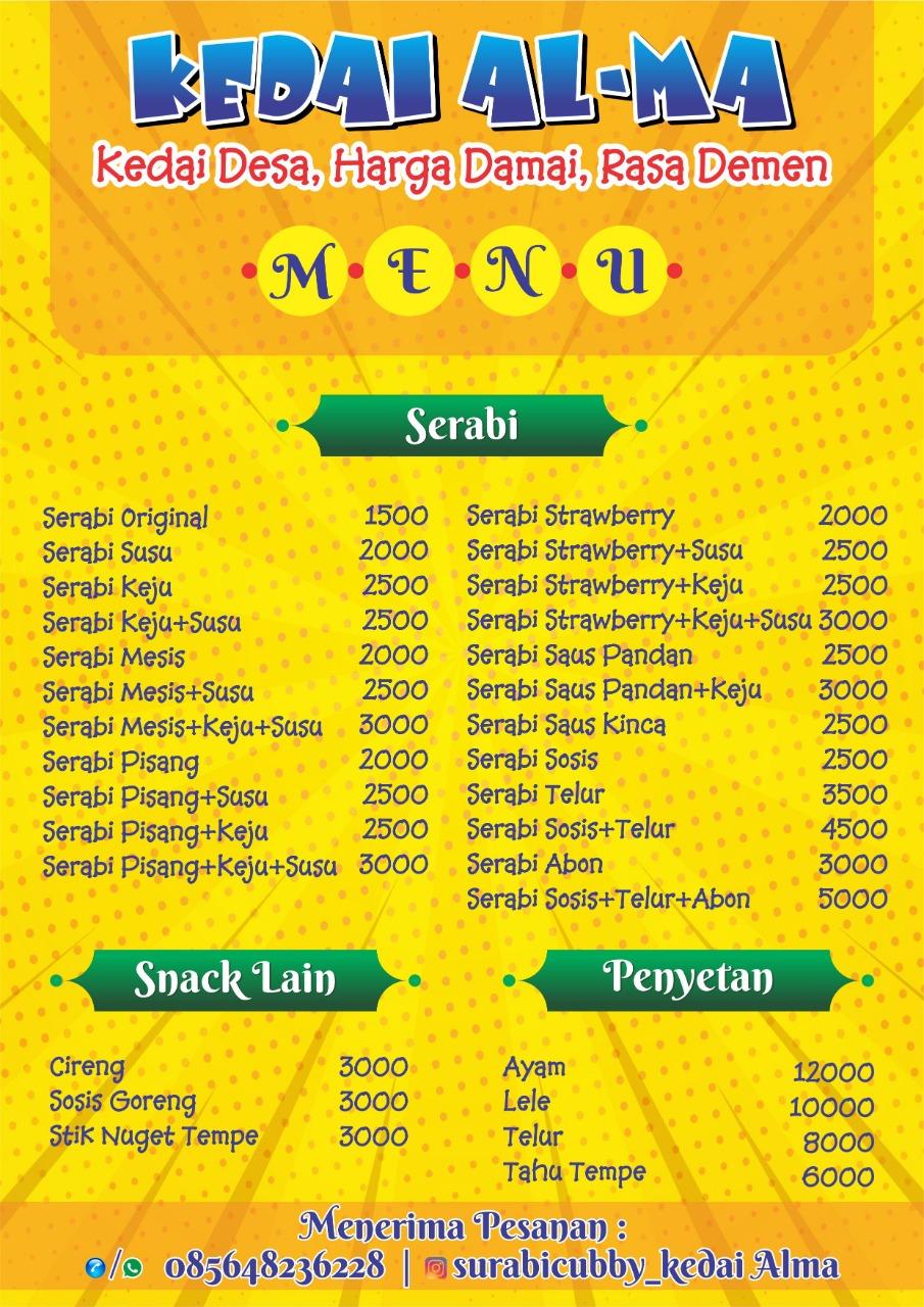 Menu at Kedai AL-MA Special Serabi Cubby restaurant, Tikung