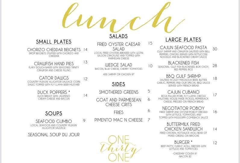 Menu at One Thirty One on Lameuse restaurant, Biloxi