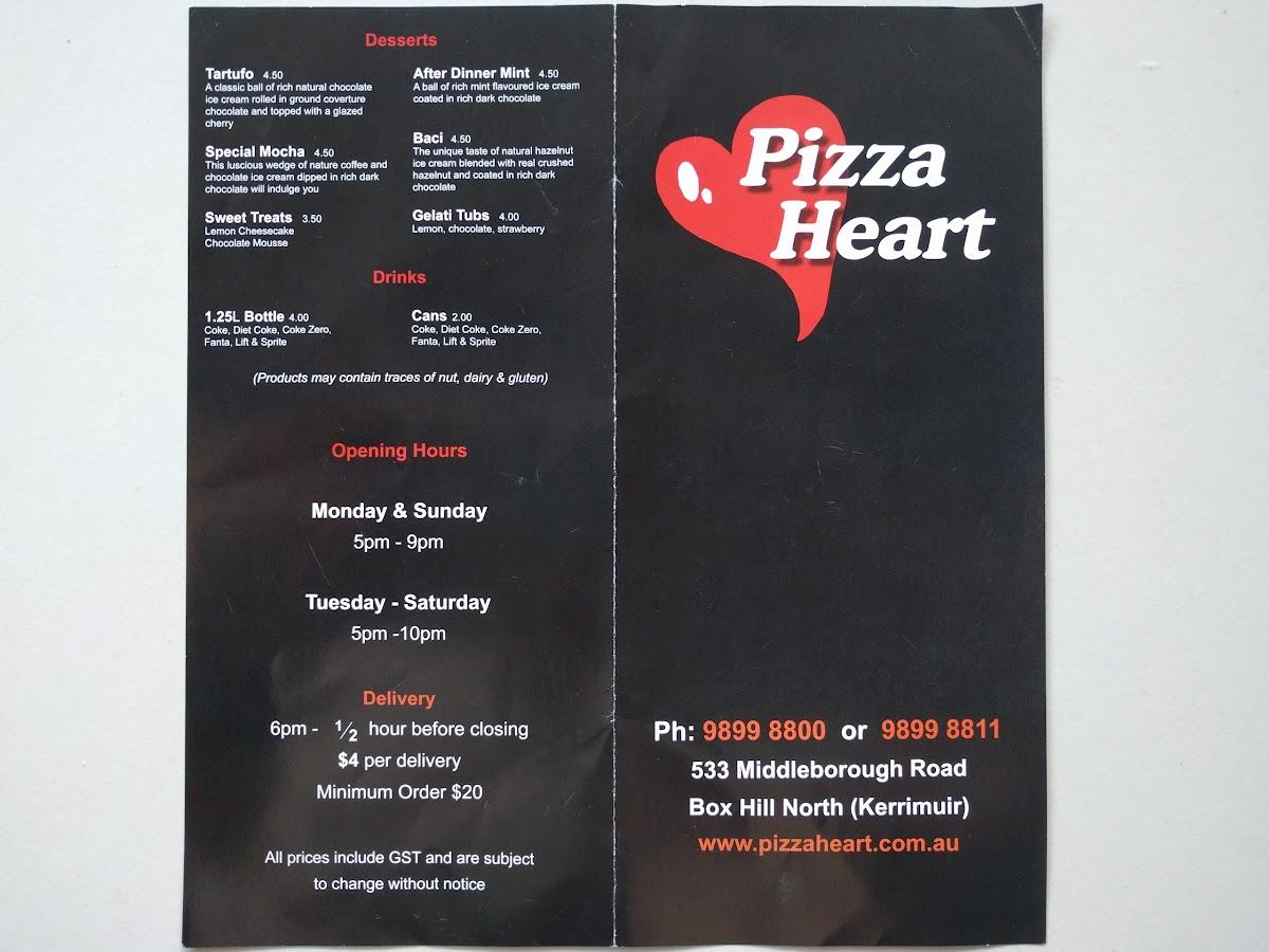 Menu at Pizza Heart pizzeria, Box Hill North, 533 Middleborough Rd