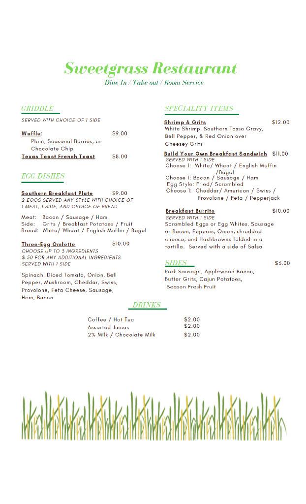 Menu at Sweetgrass Restaurant & Porch, North Charleston