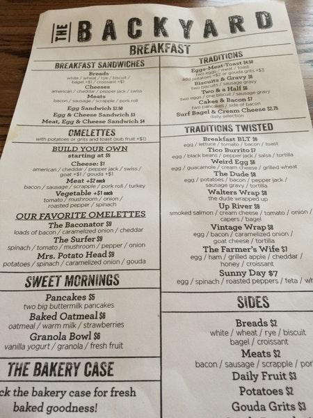Menu at The Backyard restaurant, Milton