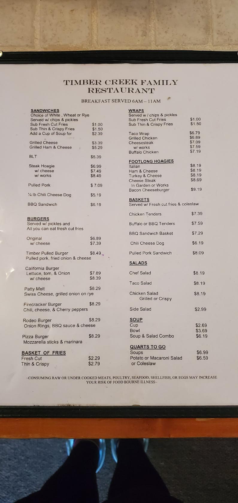 Menu at Timber Creek Family Restaurant, Elysburg