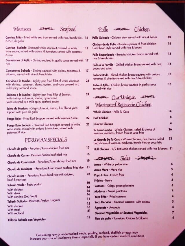 Menu at Tu Casa restaurant, New York City, 119-05 Metropolitan Ave