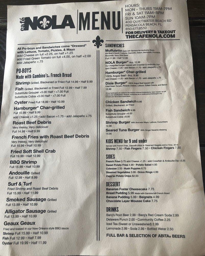 Menu at Cafe Nola, Gulf Breeze