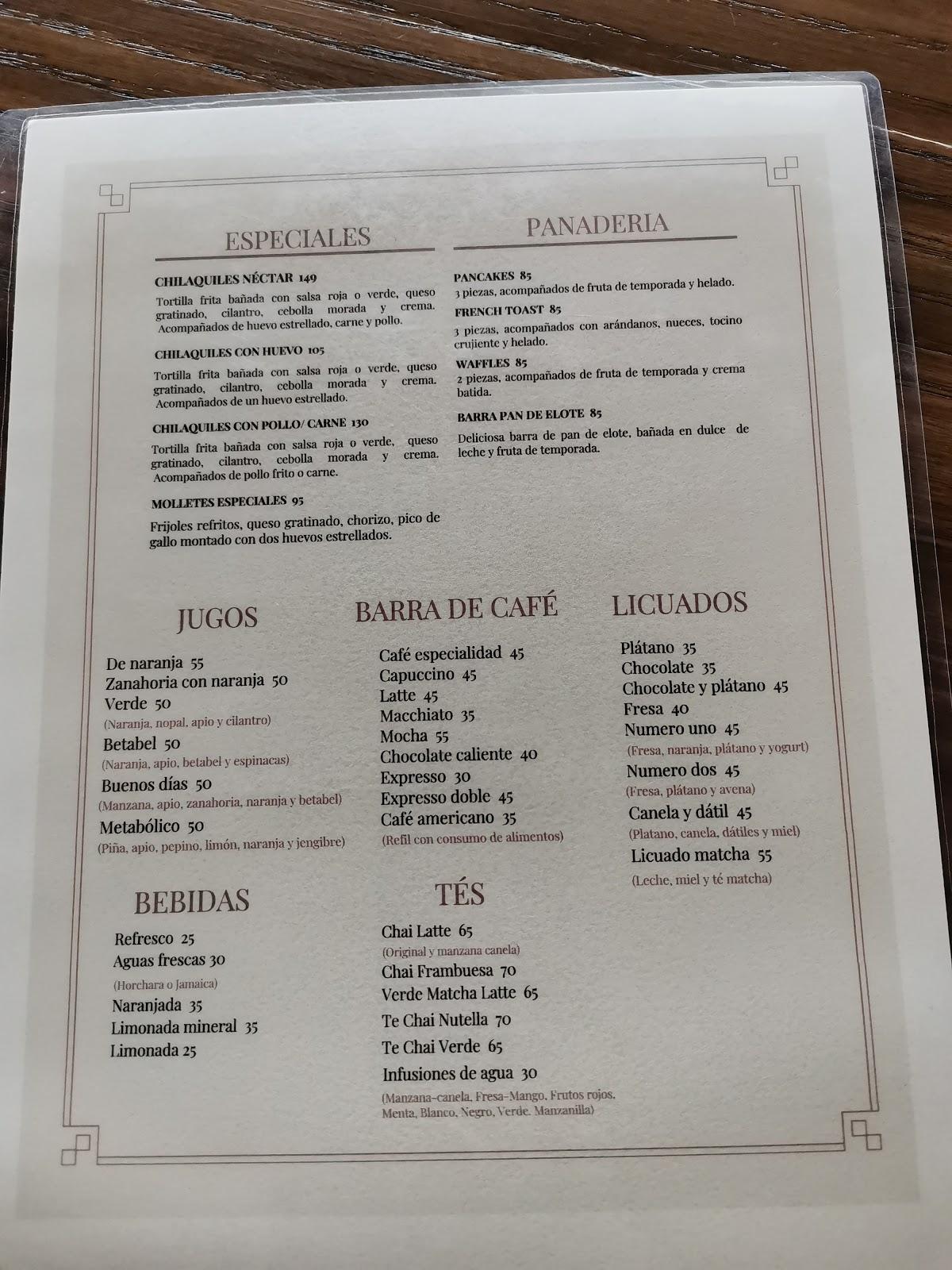 Carta de Néctar Restaurante Cafetales, Chihuahua