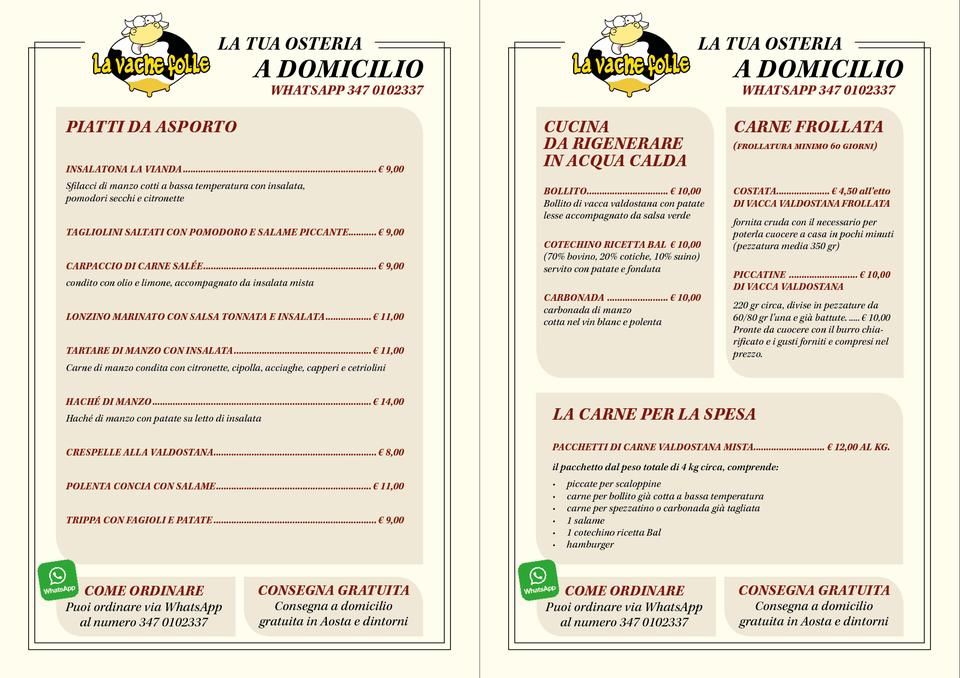 Menu da Osteria La Vache Folle ristorante, Aosta