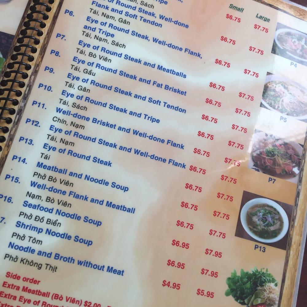 Menu at Pho One restaurant, Lewisville