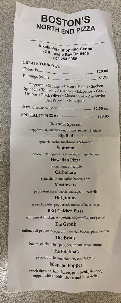 Menu at Boston's Pizza pizzeria, Kailua