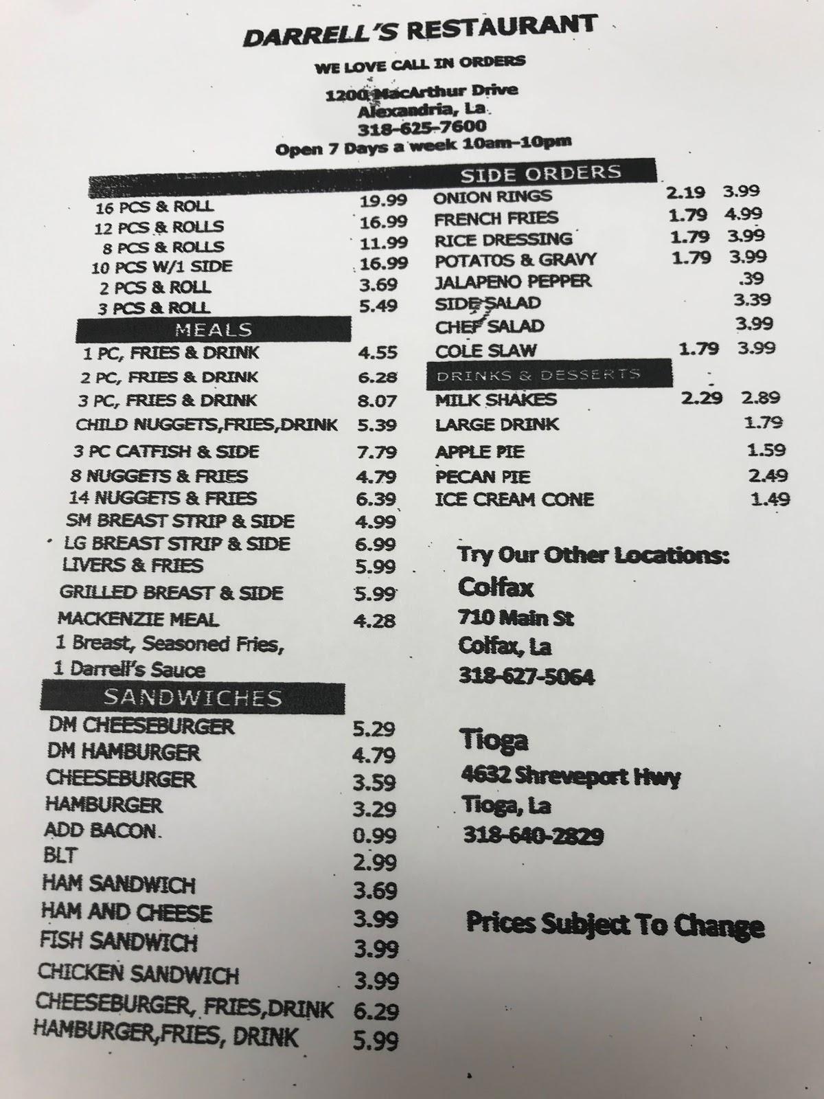 Menu at Darrell's Restaurant, Alexandria