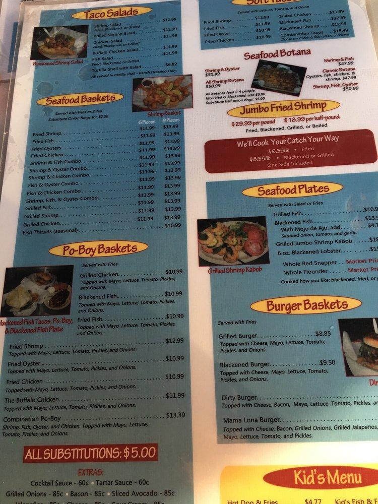 Menu at Dirty Al's restaurant, South Padre Island, State Park Rd 100