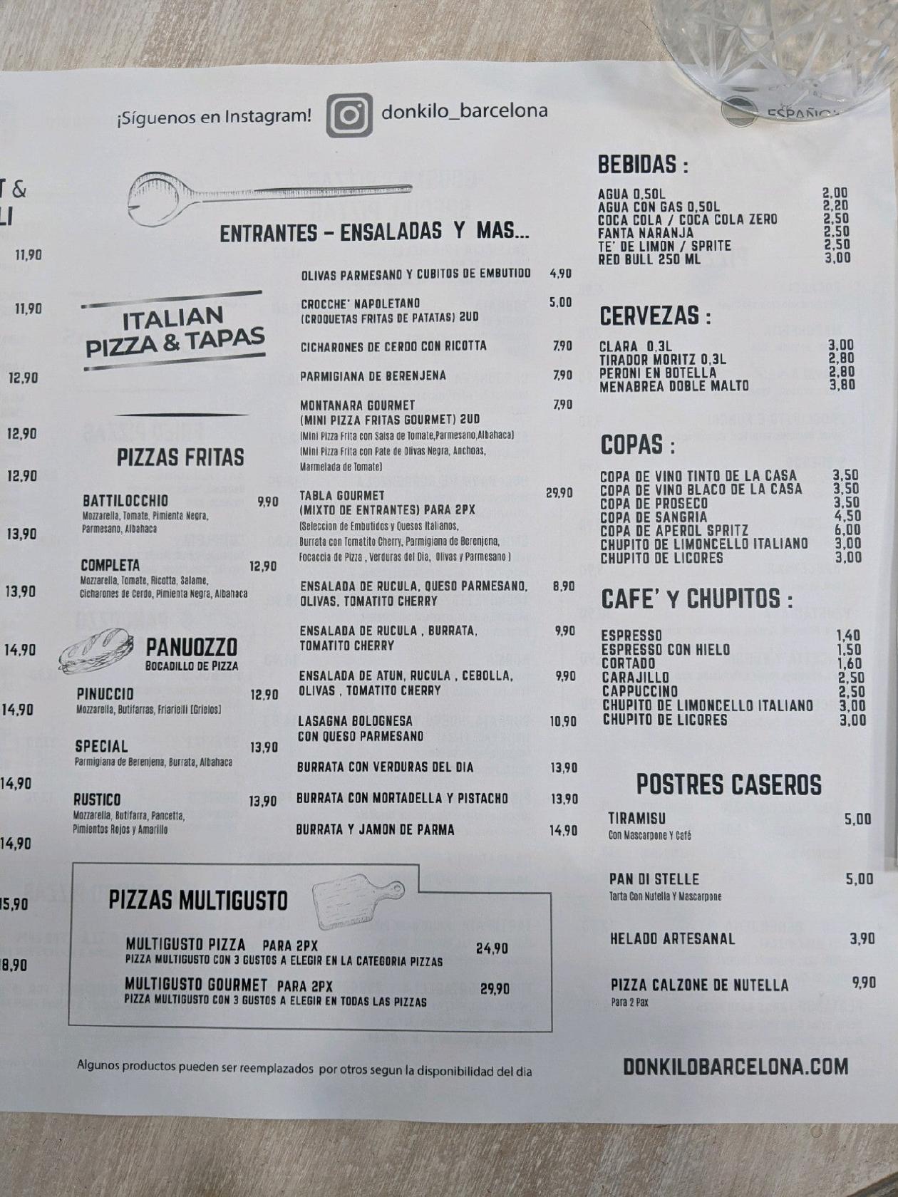 Menu at Don Kilo Gourmet restaurant, Barcelona, C/ de Còrsega