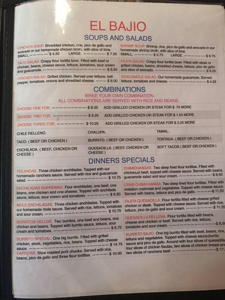 Menu at El Bajio Mexican Restaurant, Seneca Falls